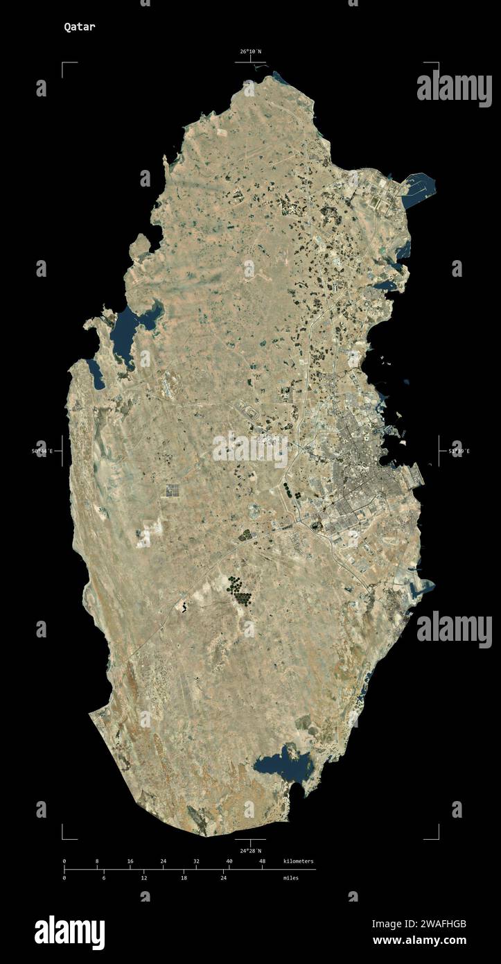 Shape of a high resolution satellite map of the Qatar, with distance ...