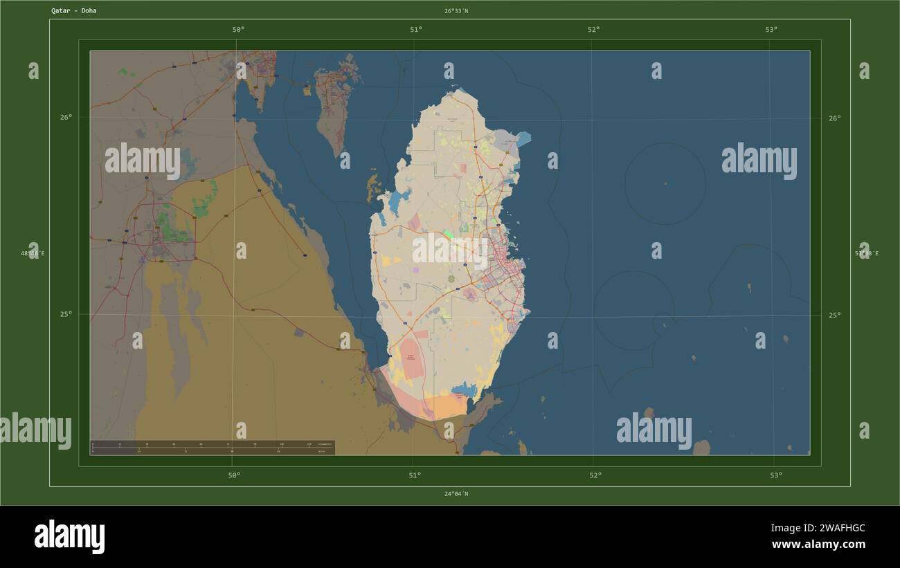Qatar highlighted on a topographic, OSM Germany style map map with the ...