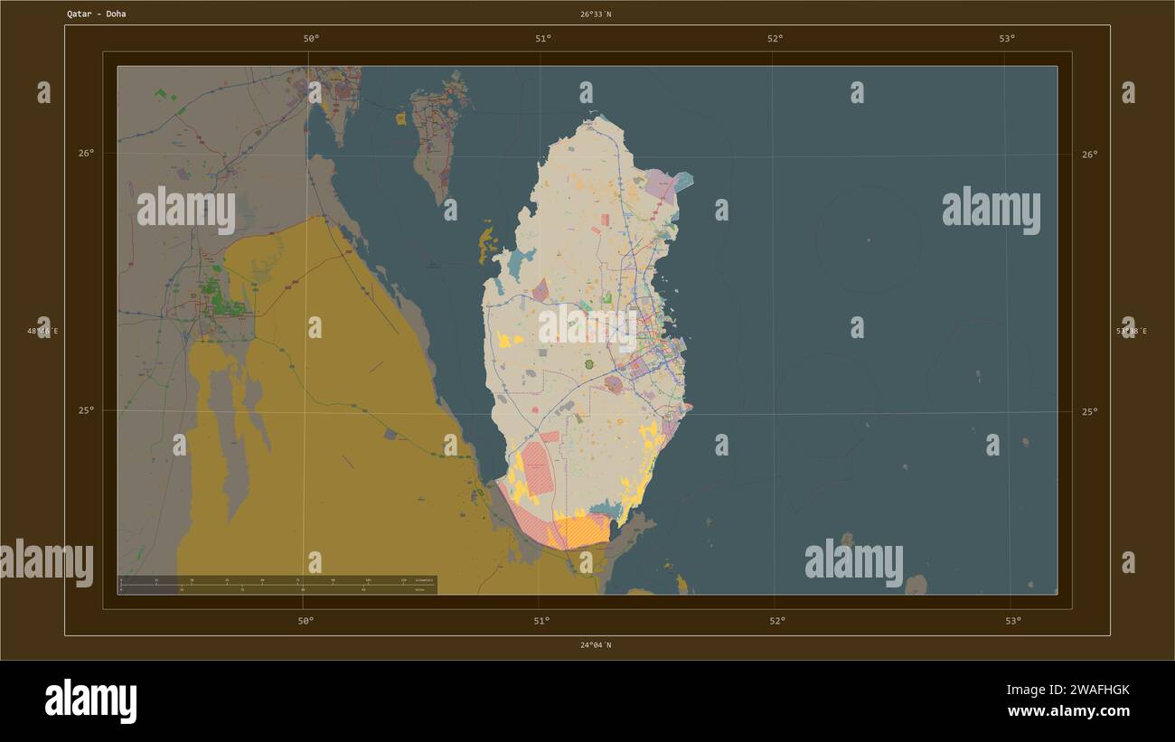 Qatar highlighted on a topographic, OSM France style map map with the ...