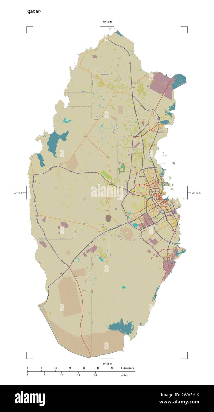 Shape of a topographic, OSM Humanitarian style map of the Qatar, with ...