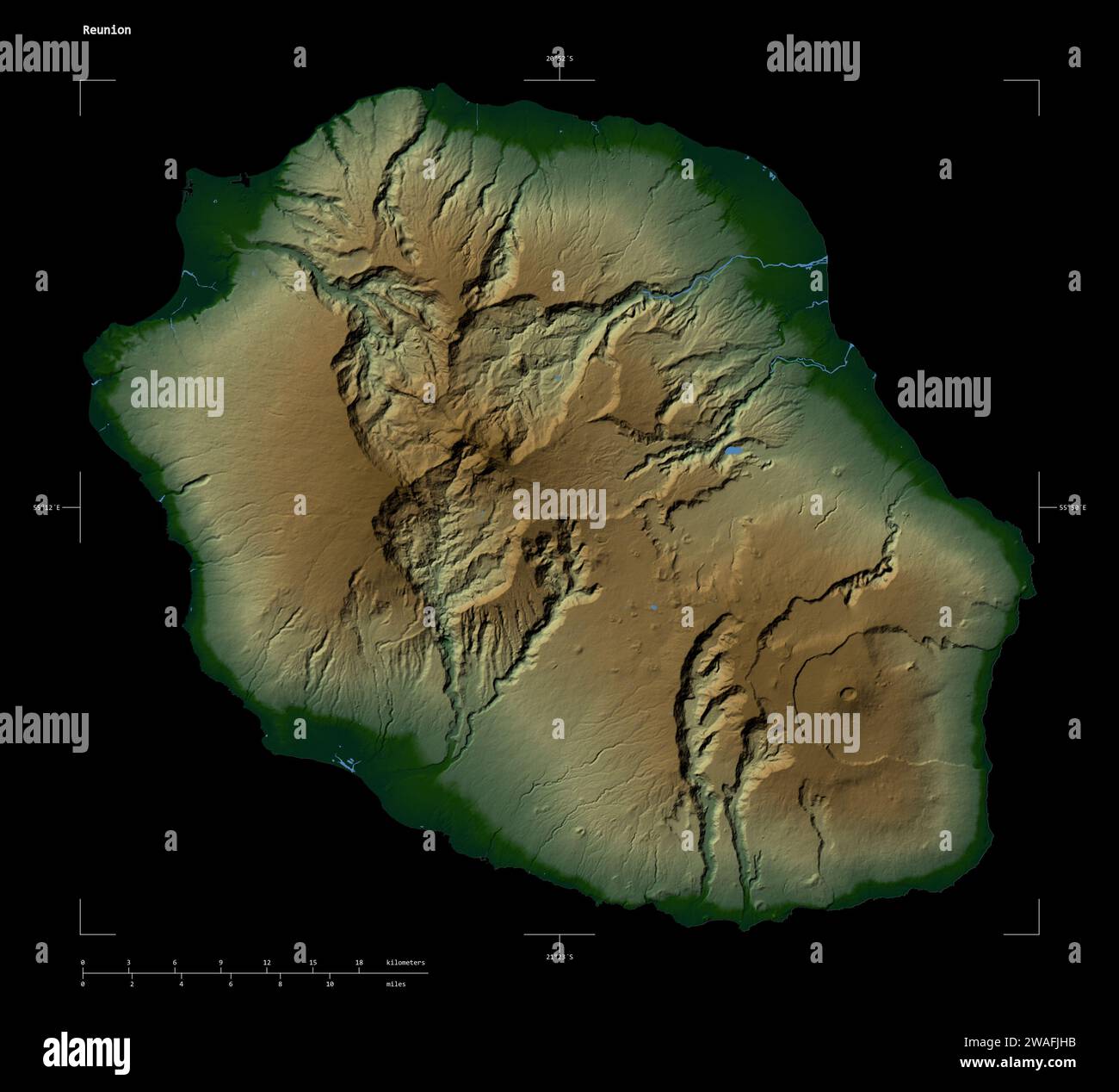 Shape of a Colored elevation map with lakes and rivers of the Reunion ...