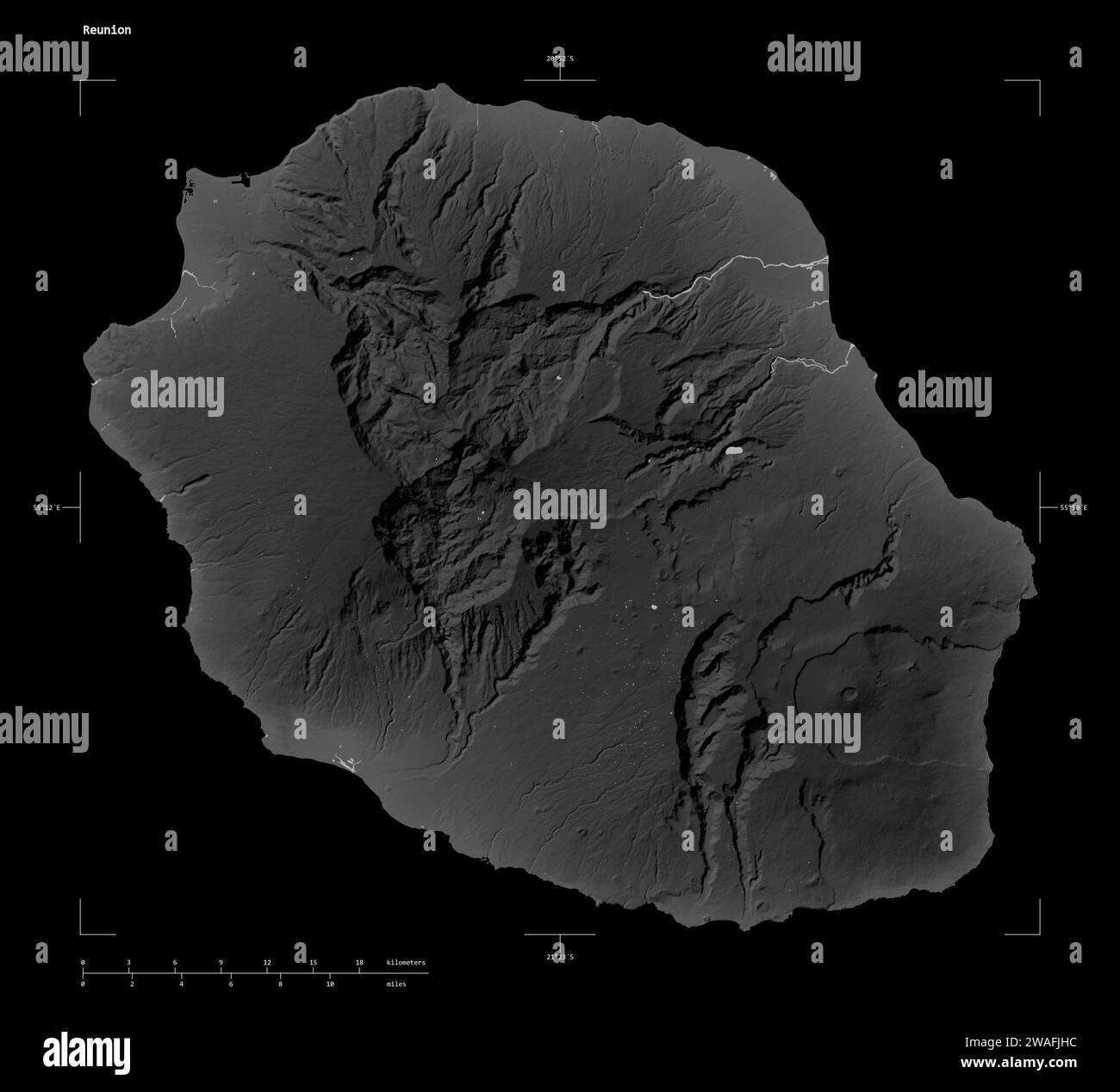 Shape of a Grayscale elevation map with lakes and rivers of the Reunion, with distance scale and ...