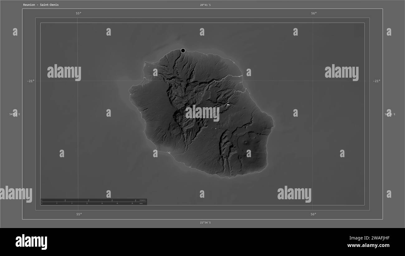 Reunion highlighted on a Grayscale elevation map with lakes and rivers ...