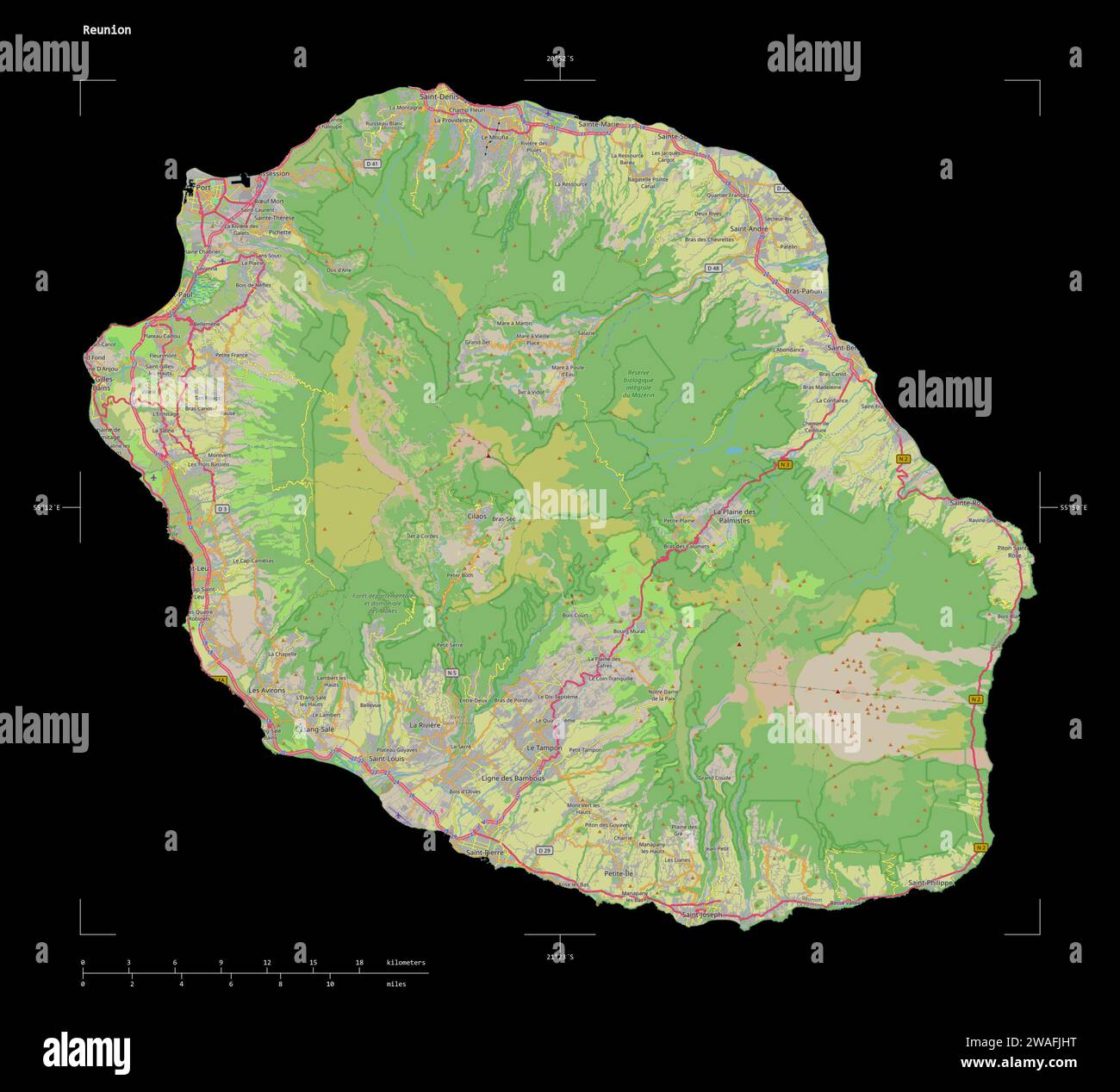 Shape of a topographic, OSM Germany style map of the Reunion, with ...