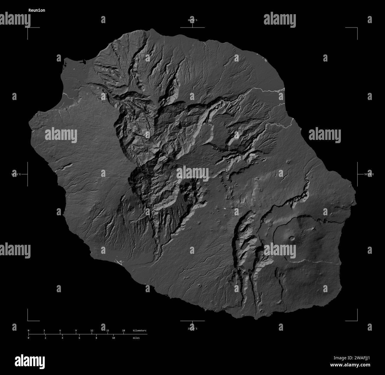 Shape of a Bilevel elevation map with lakes and rivers of the Reunion ...