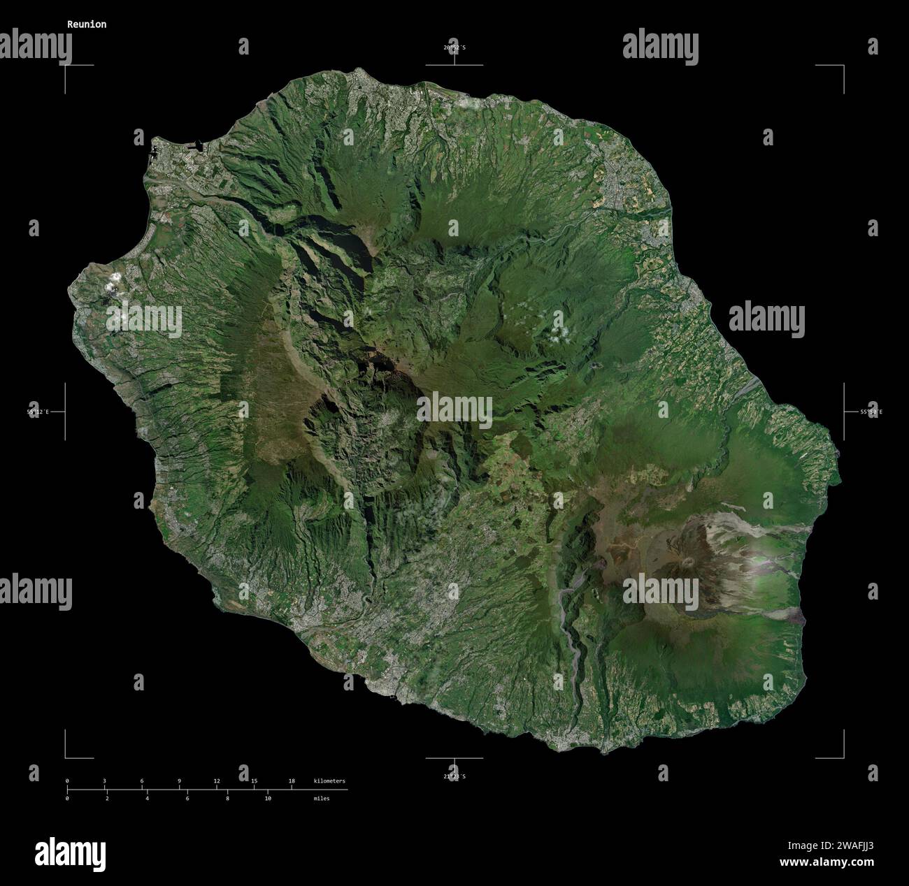 Shape of a low resolution satellite map of the Reunion, with distance ...