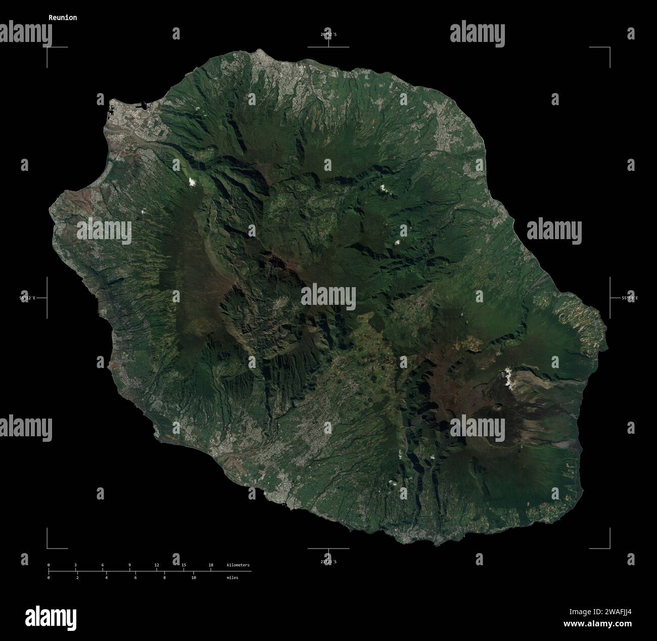 Shape of a high resolution satellite map of the Reunion, with distance ...