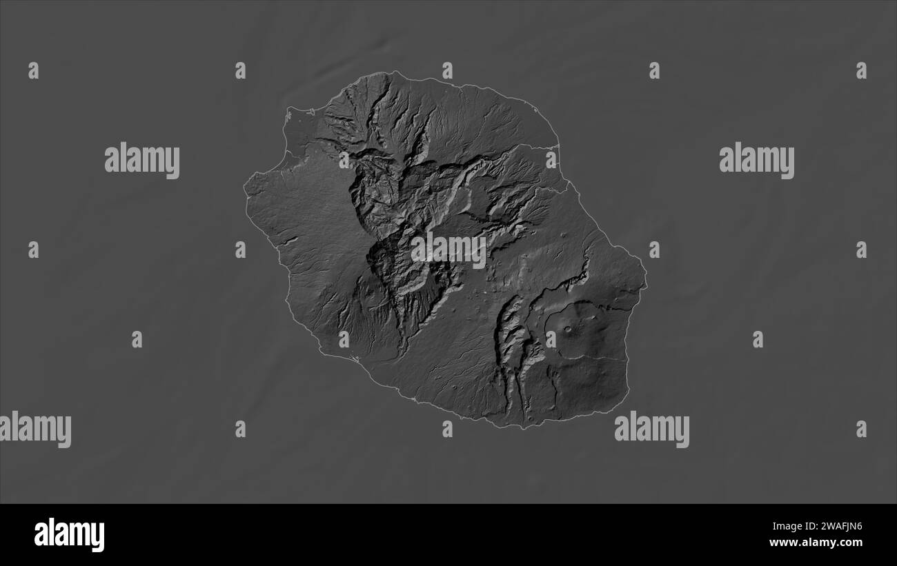 Reunion highlighted on a Bilevel elevation map with lakes and rivers ...