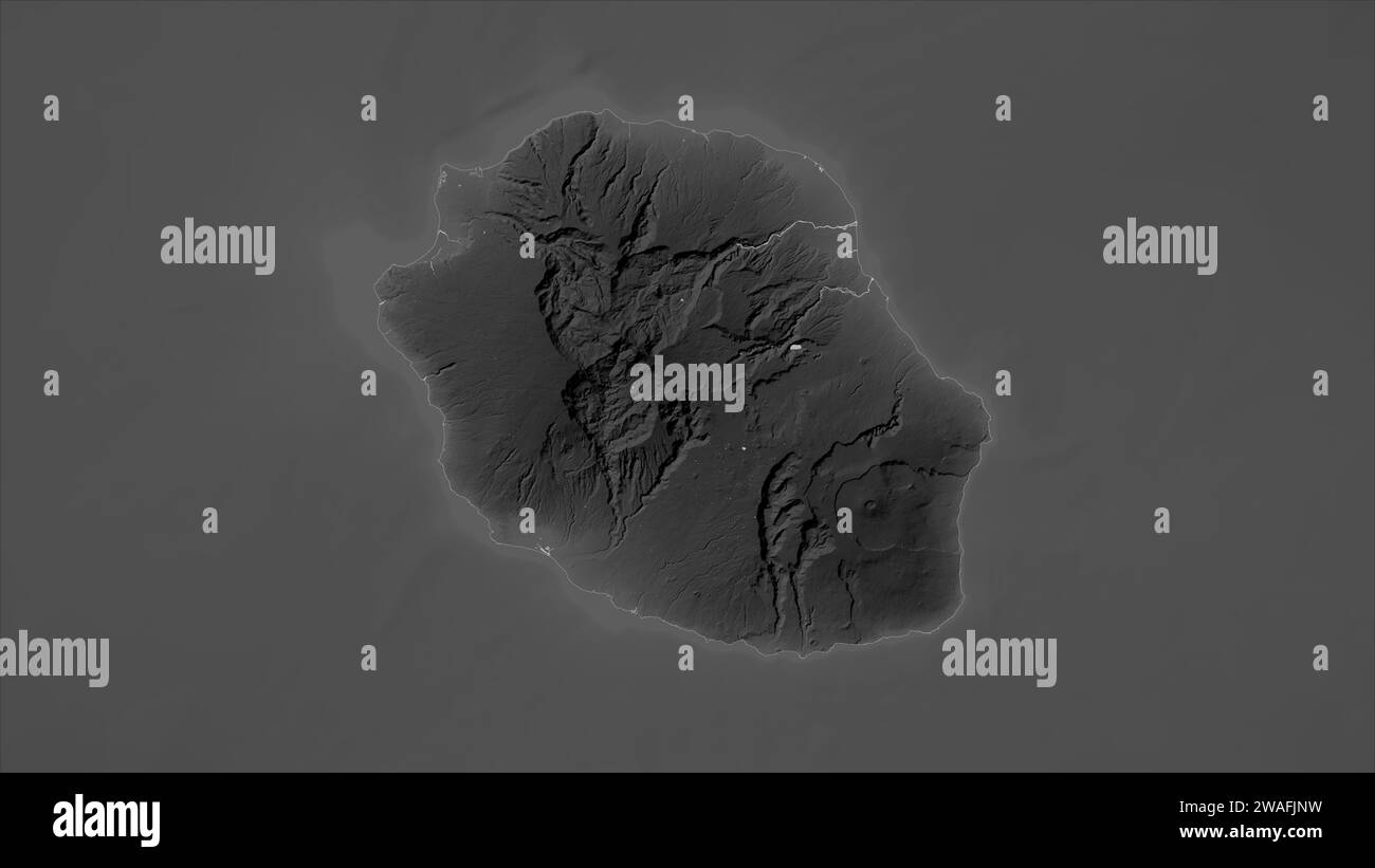 Reunion highlighted on a Grayscale elevation map with lakes and rivers ...