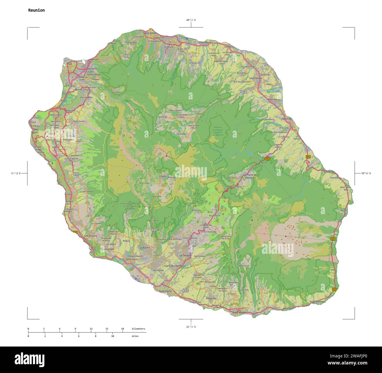 Shape of a topographic, OSM Germany style map of the Reunion, with ...