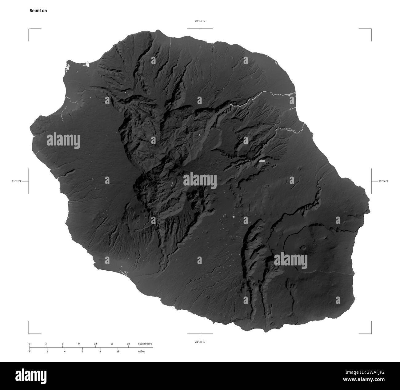 Shape of a Grayscale elevation map with lakes and rivers of the Reunion ...