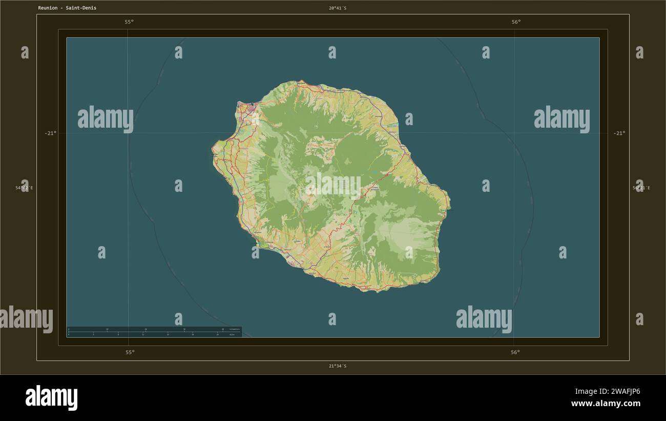 Reunion highlighted on a topographic, OSM Humanitarian style map map ...