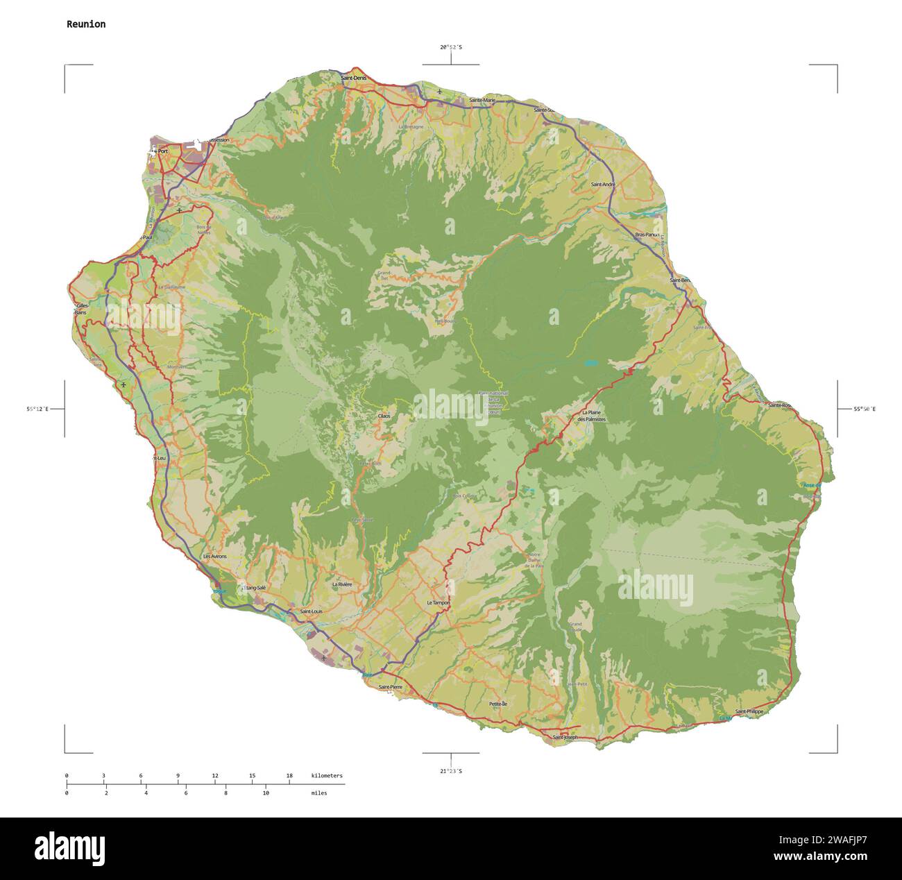 Shape of a topographic, OSM Humanitarian style map of the Reunion, with ...