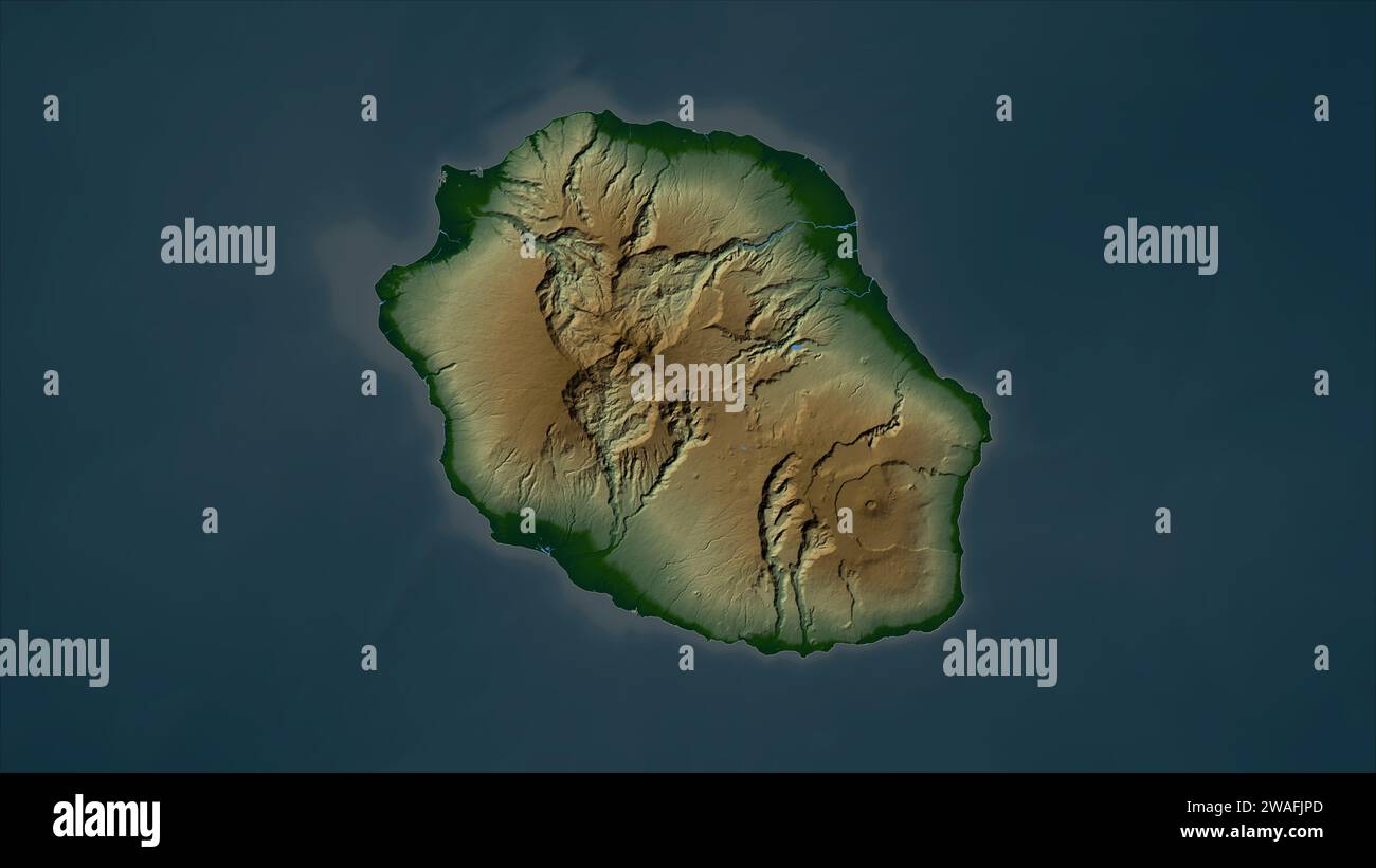 Reunion highlighted on a Colored elevation map with lakes and rivers ...