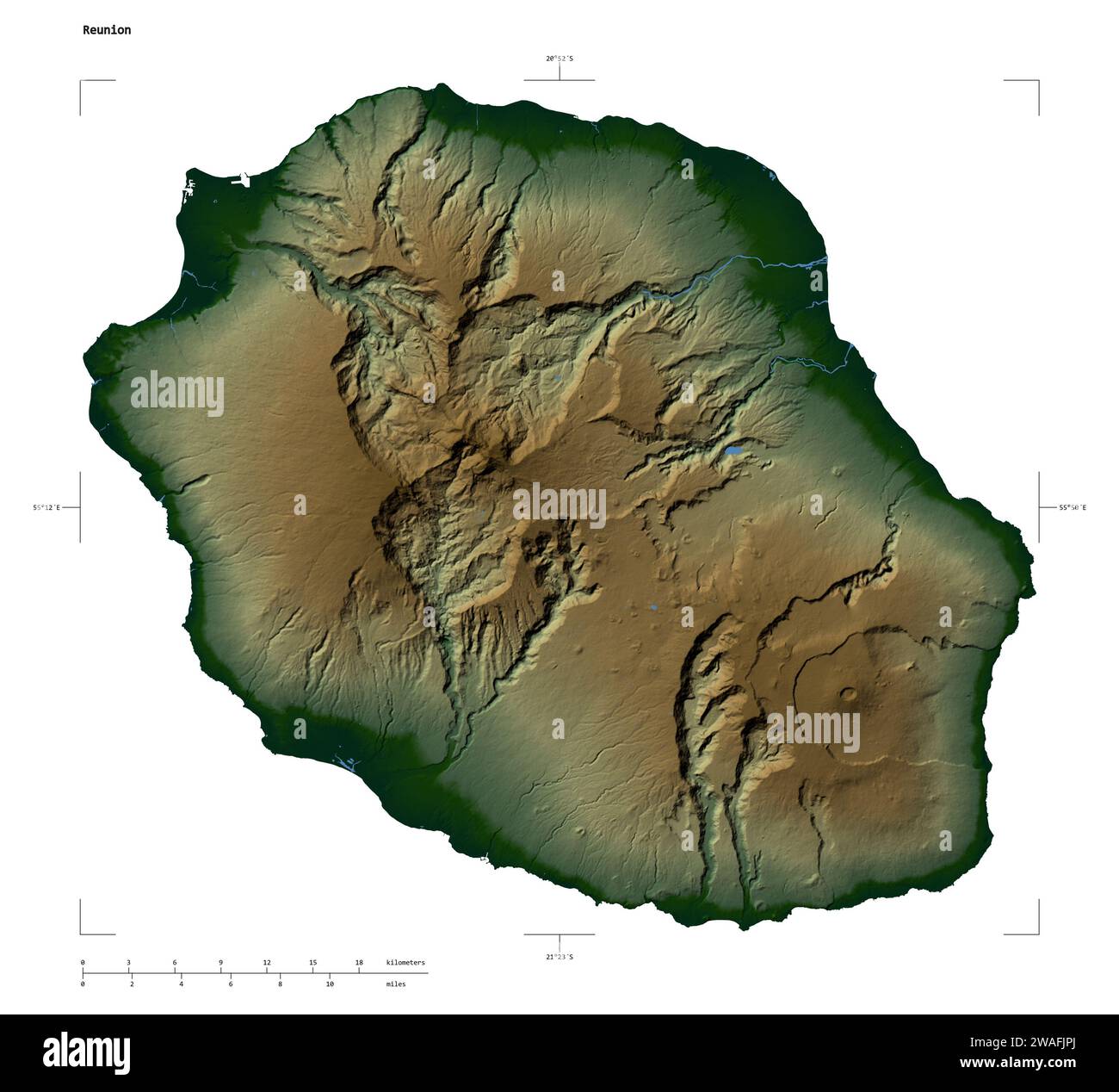 Shape of a Colored elevation map with lakes and rivers of the Reunion ...