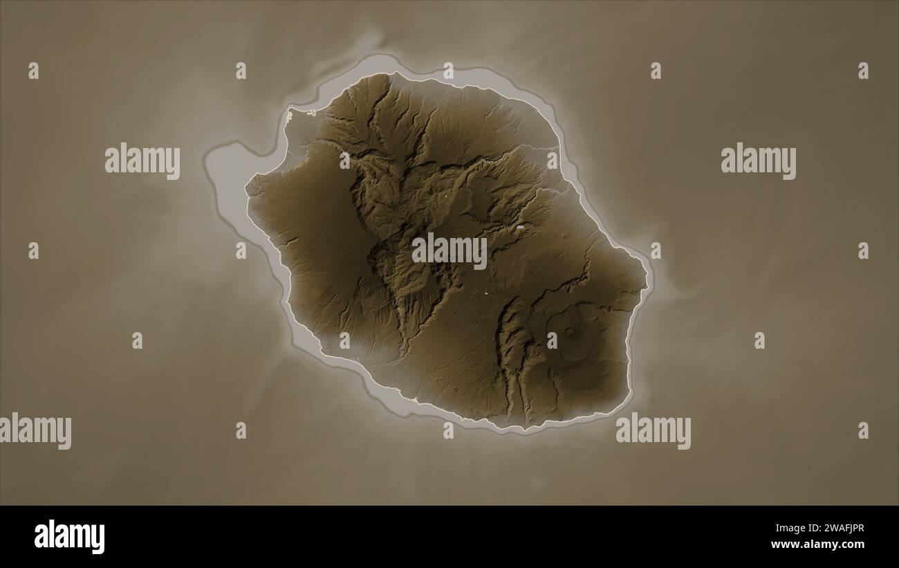 Reunion outlined on a elevation map colored in sepia tones with lakes ...