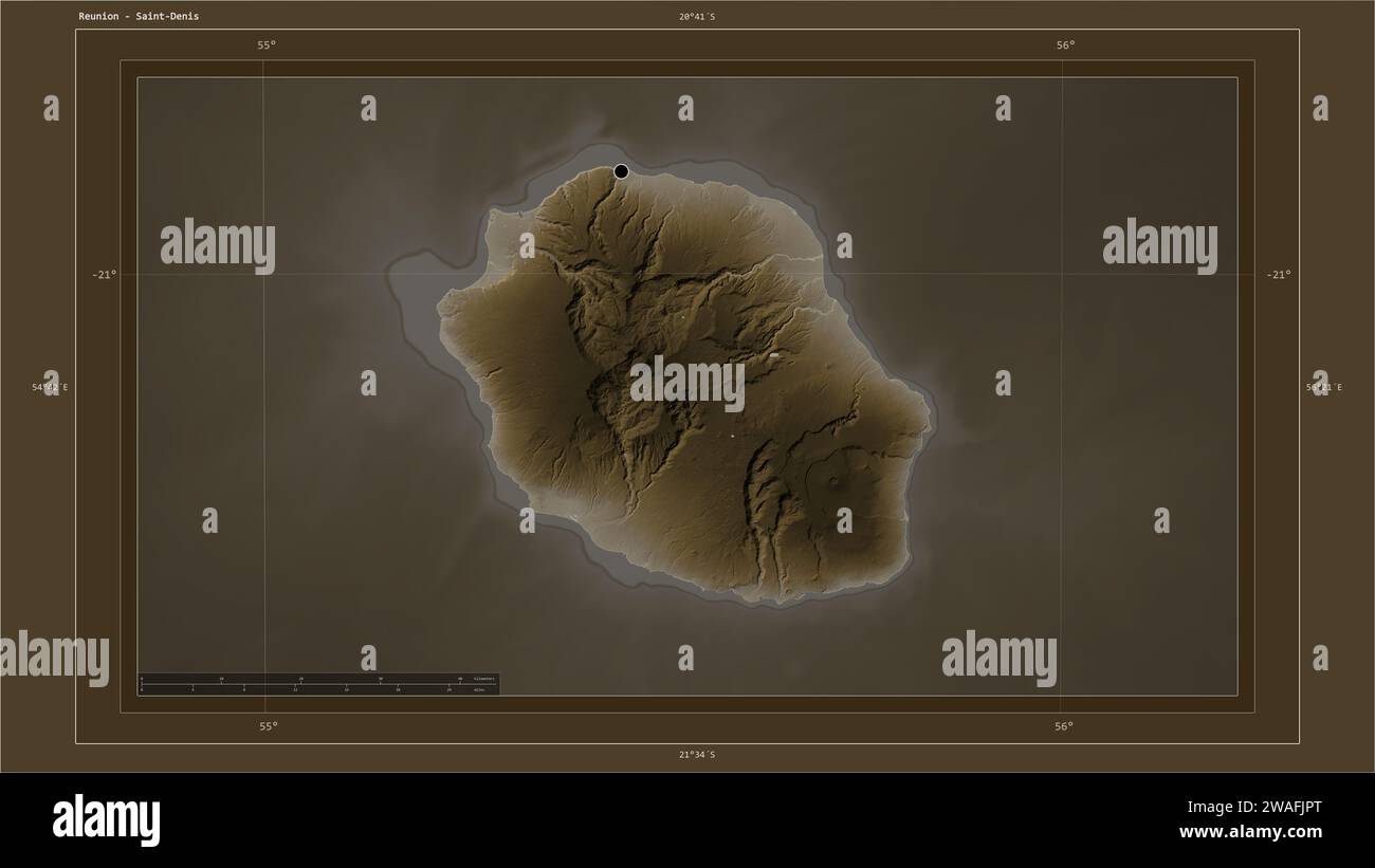 Reunion highlighted on a elevation map colored in sepia tones with ...