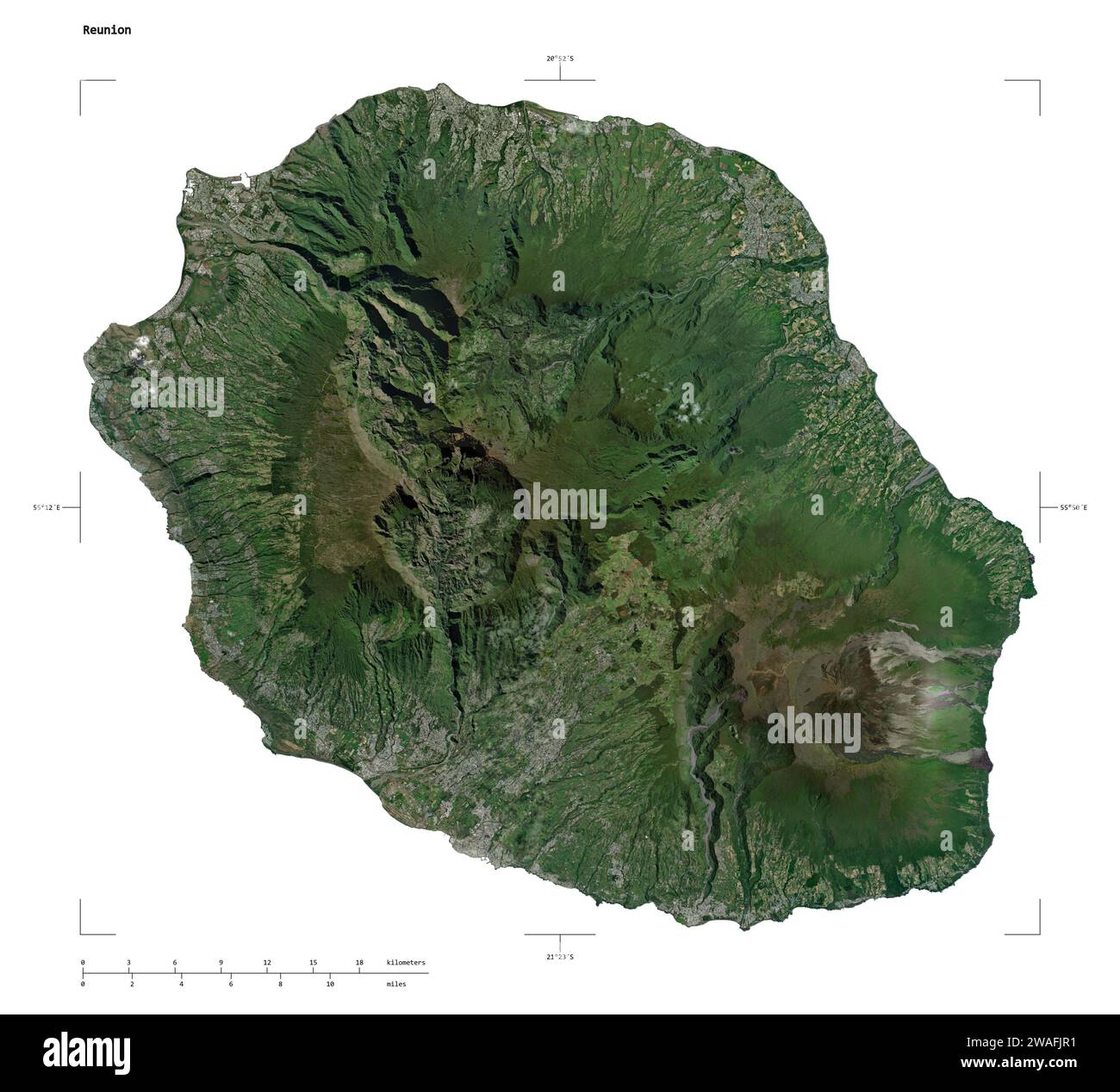 Shape of a low resolution satellite map of the Reunion, with distance scale and map border ...