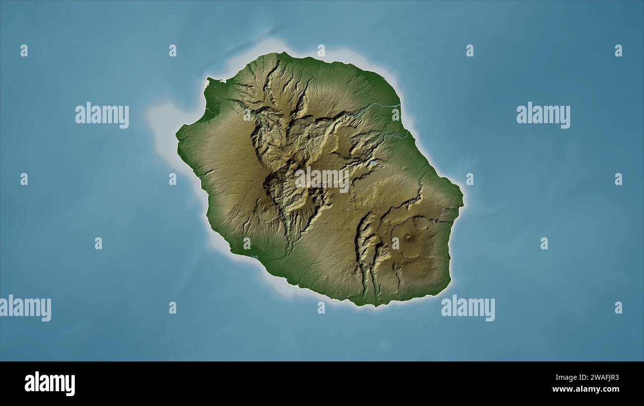 Reunion outlined on a Pale colored elevation map with lakes and rivers ...