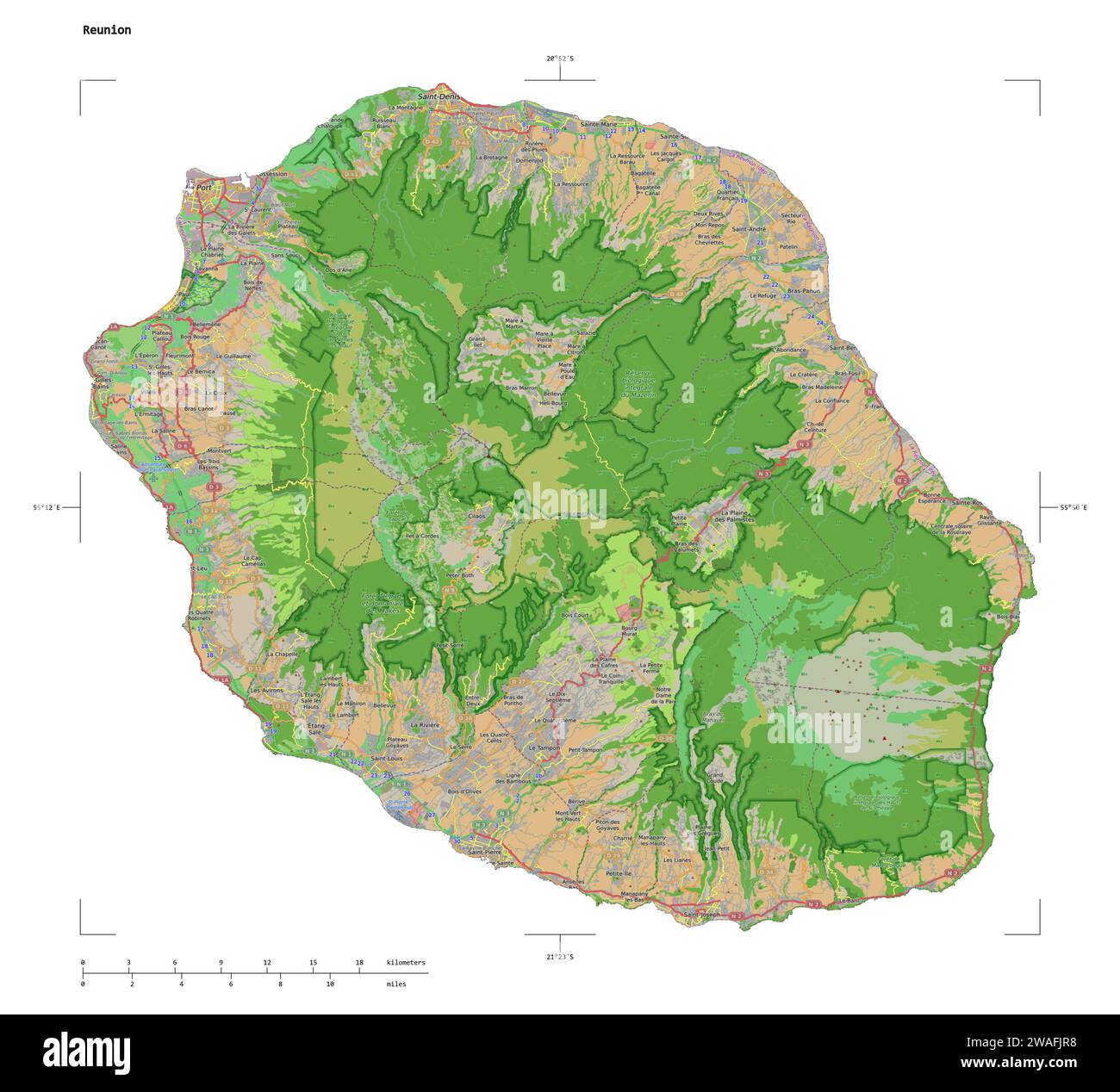 Shape of a topographic, OSM France style map of the Reunion, with ...