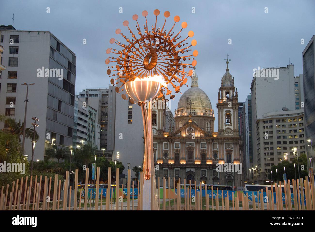 Rio de Janeiro, Olympic flame (2016 Olympic Games) at bottom Igrejia de ...