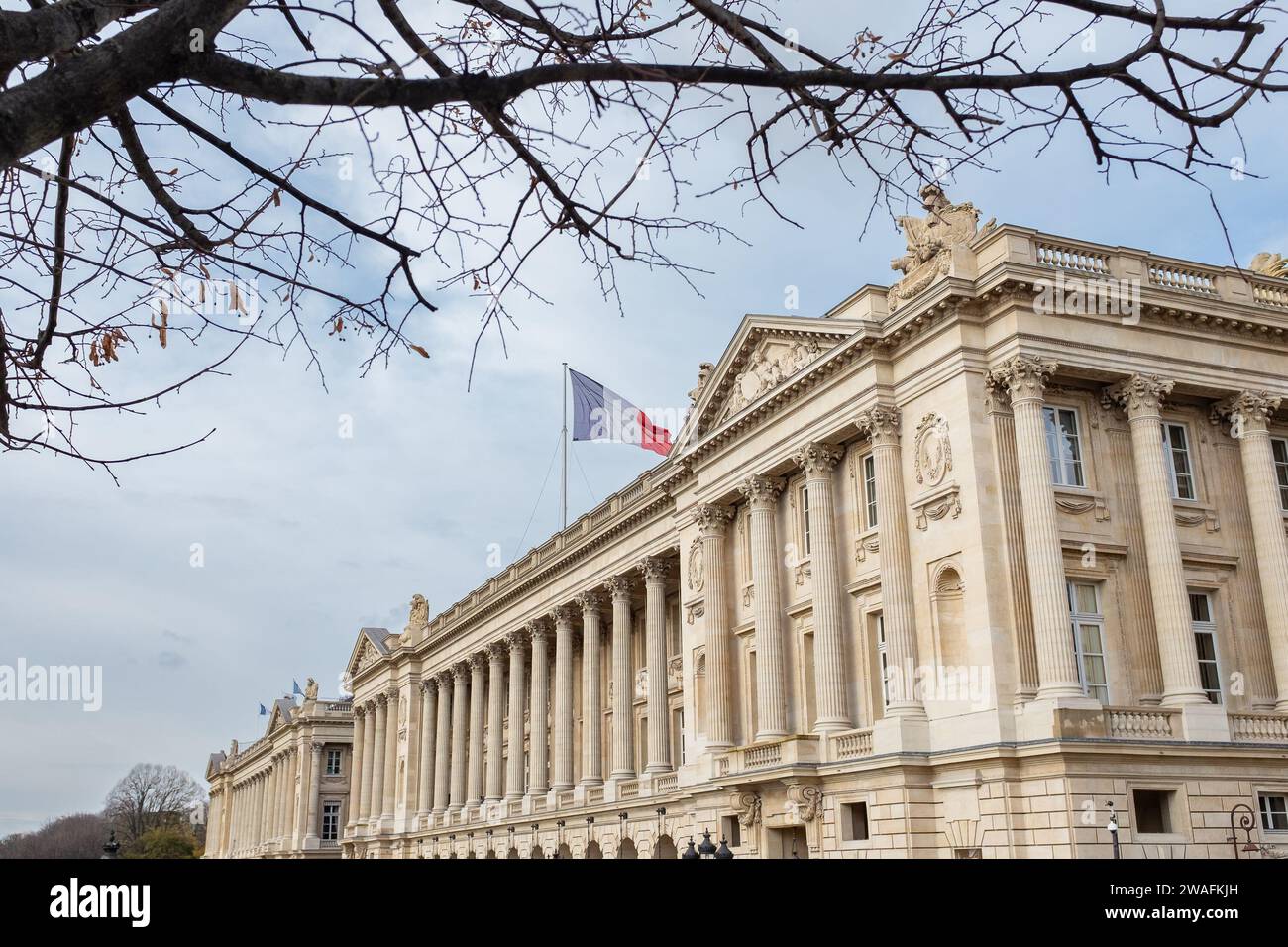Paris, France, 2023. View of the colonnaded façade and loggia of the ...