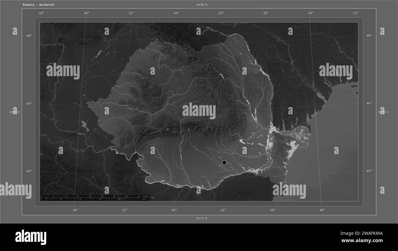 Romania highlighted on a Grayscale elevation map with lakes and rivers ...