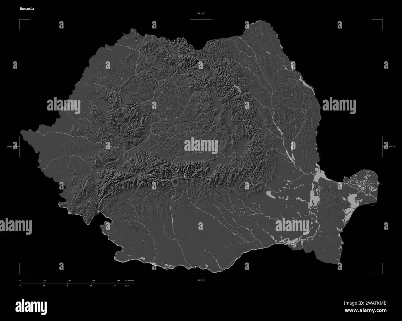 Shape of a Bilevel elevation map with lakes and rivers of the Romania ...