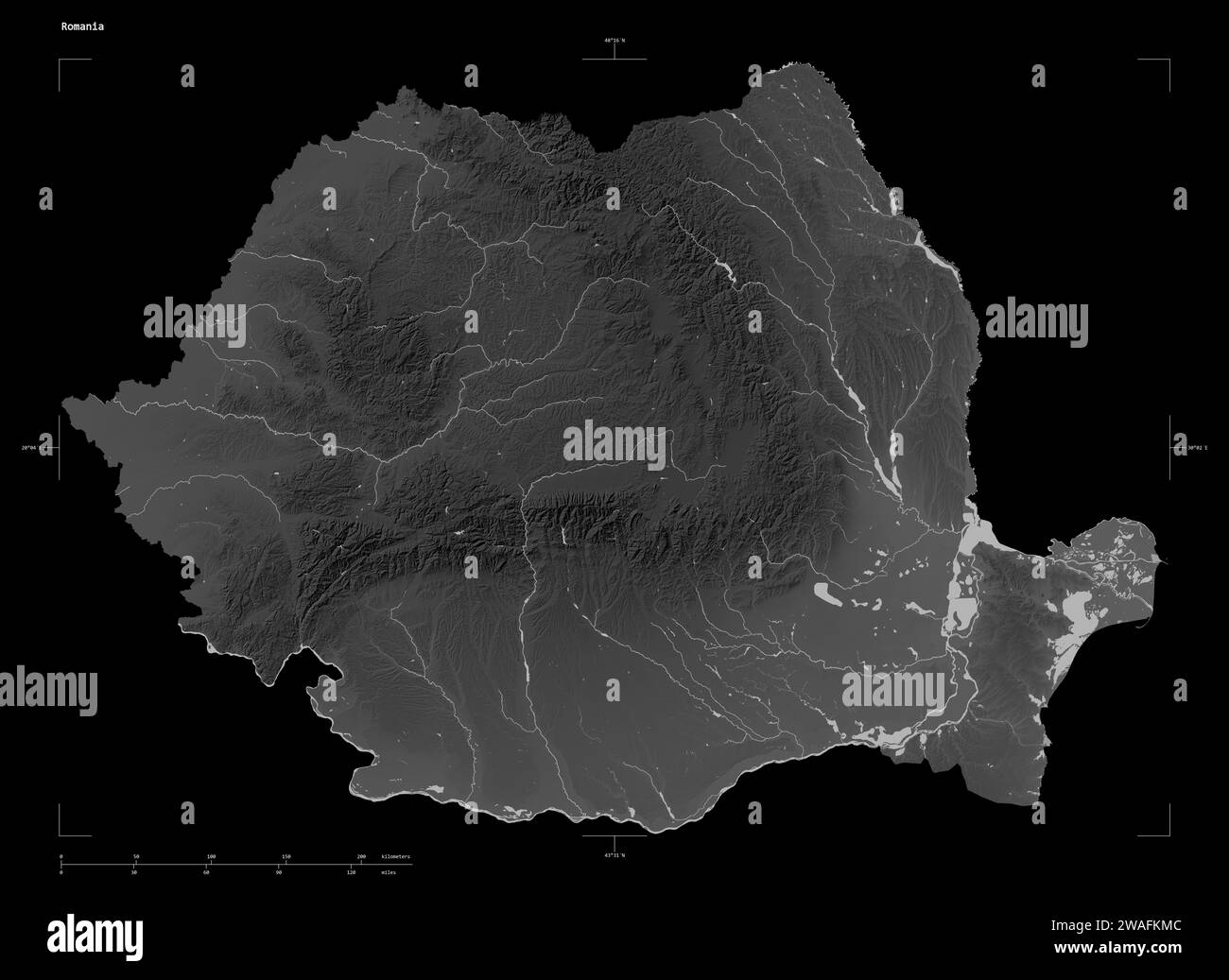 Shape of a Grayscale elevation map with lakes and rivers of the Romania ...
