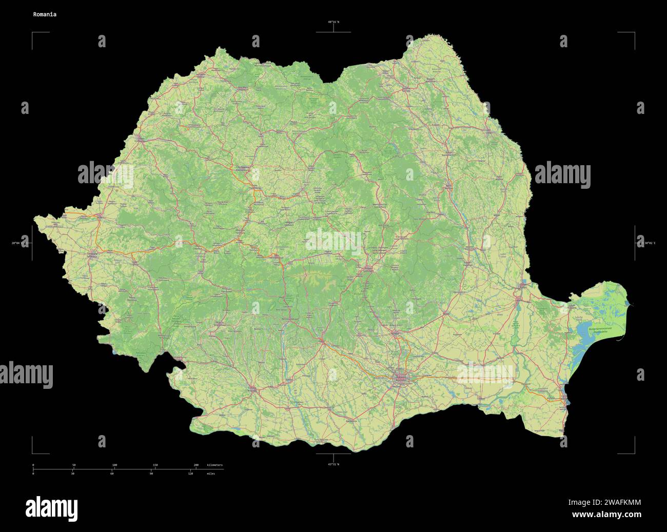 Shape of a topographic, OSM Germany style map of the Romania, with ...