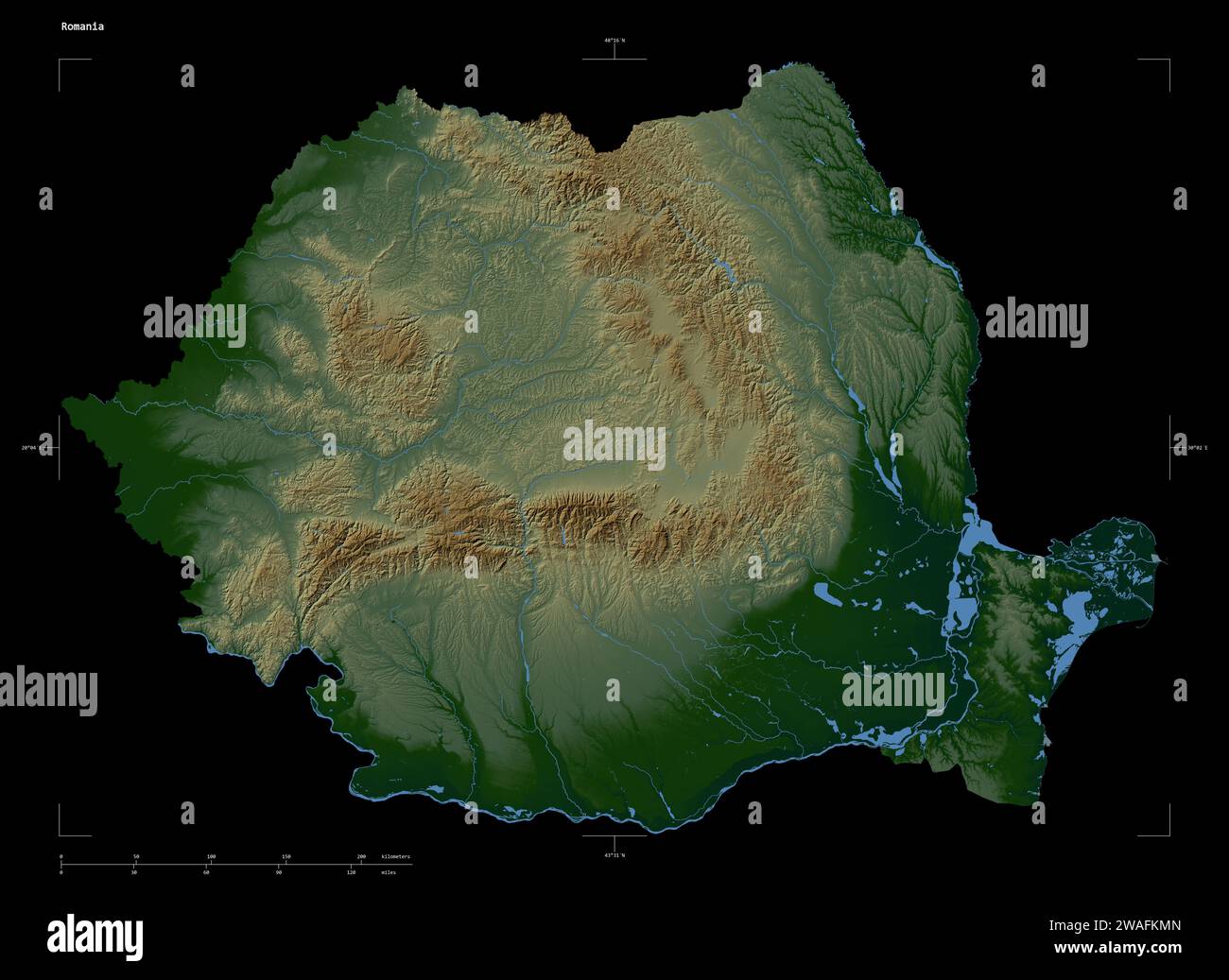 Shape of a Colored elevation map with lakes and rivers of the Romania, with distance scale and ...