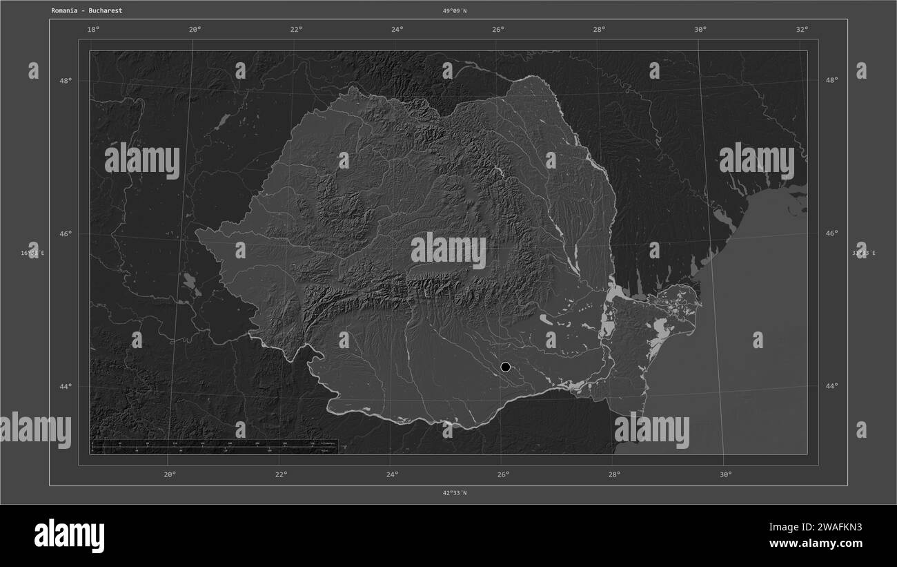Romania highlighted on a Bilevel elevation map with lakes and rivers ...