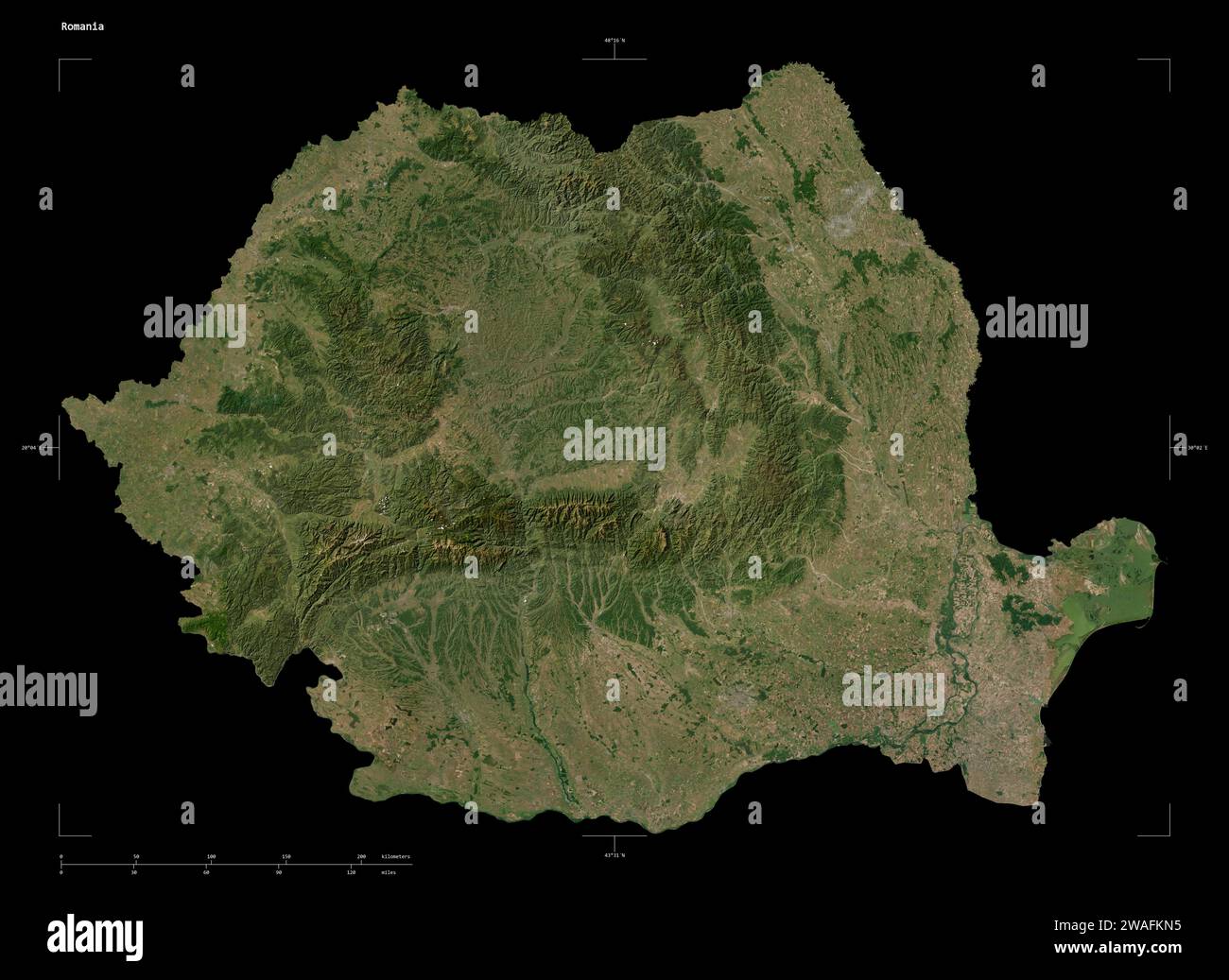 Shape of a low resolution satellite map of the Romania, with distance ...