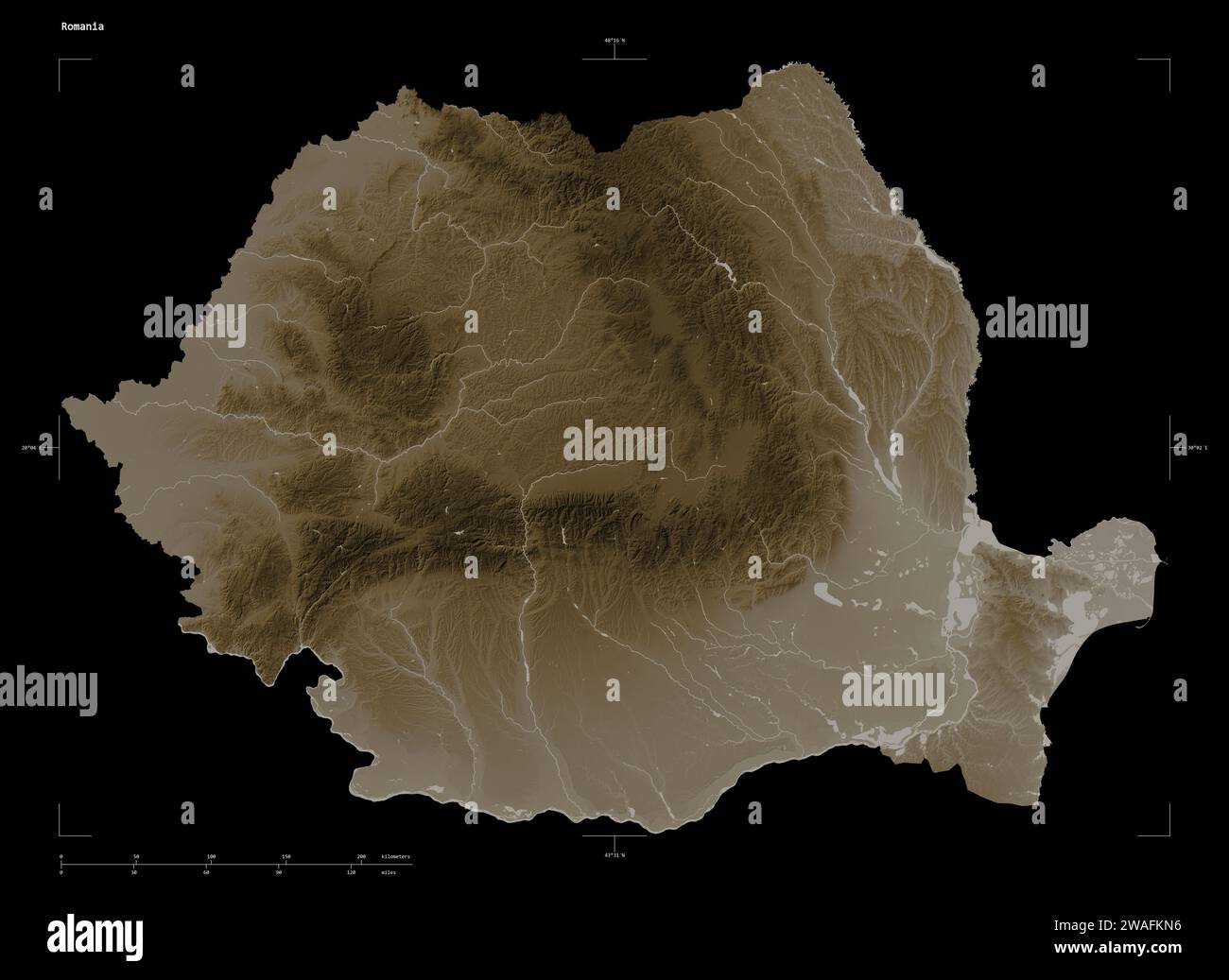 Shape of a elevation map colored in sepia tones with lakes and rivers ...