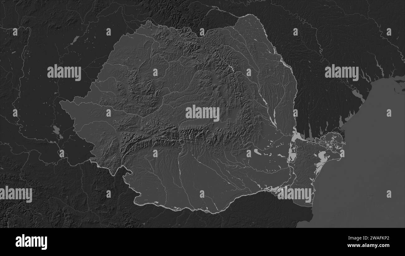 Romania highlighted on a Bilevel elevation map with lakes and rivers ...