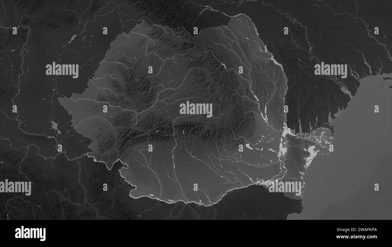 Romania highlighted on a Grayscale elevation map with lakes and rivers ...