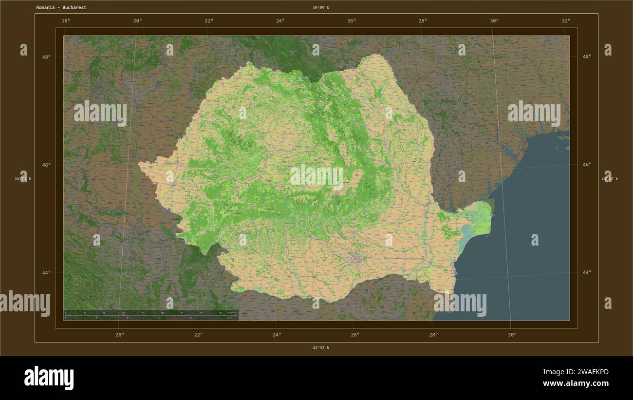 Romania highlighted on a topographic, OSM France style map map with the ...