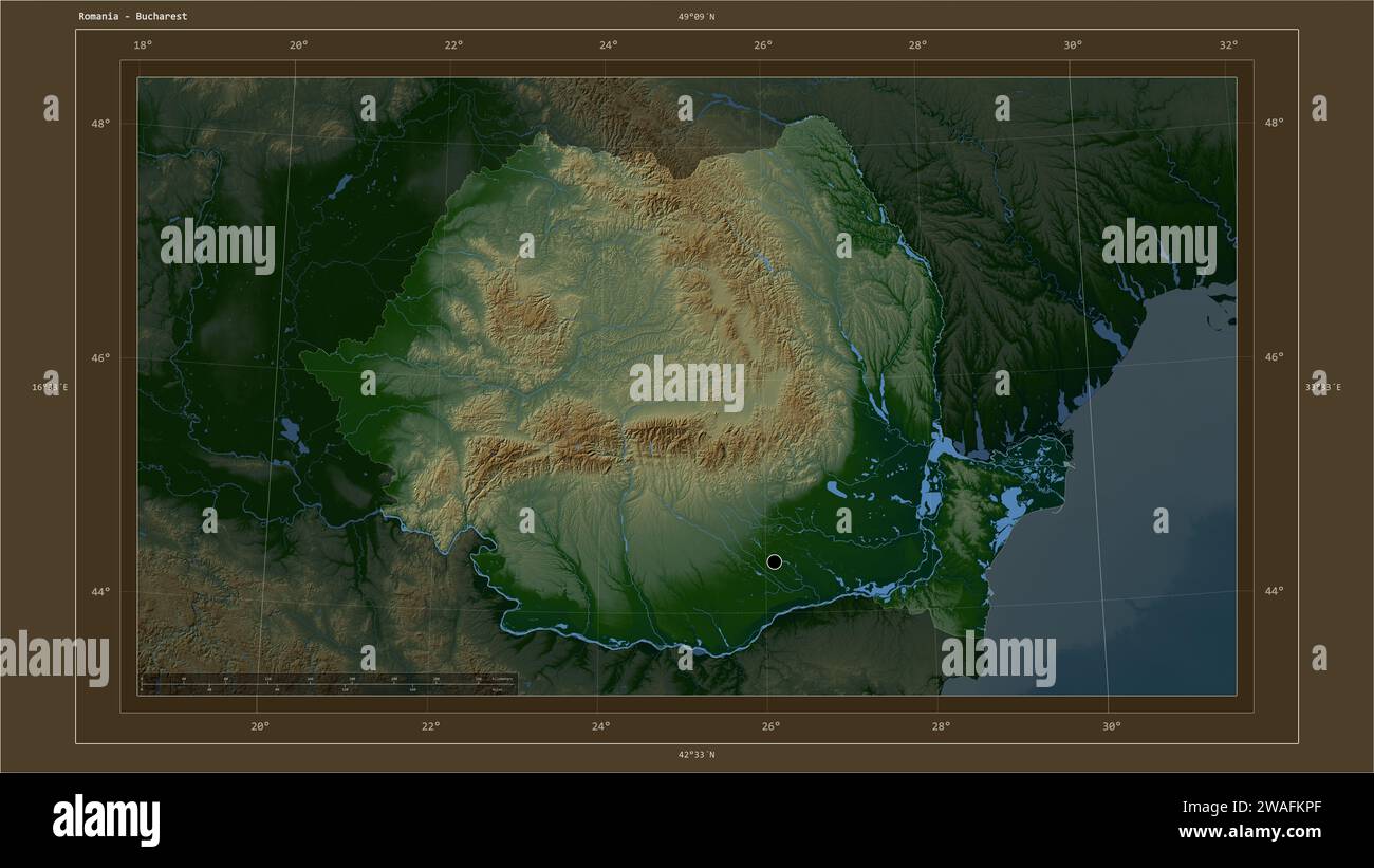 Romania highlighted on a Colored elevation map with lakes and rivers ...