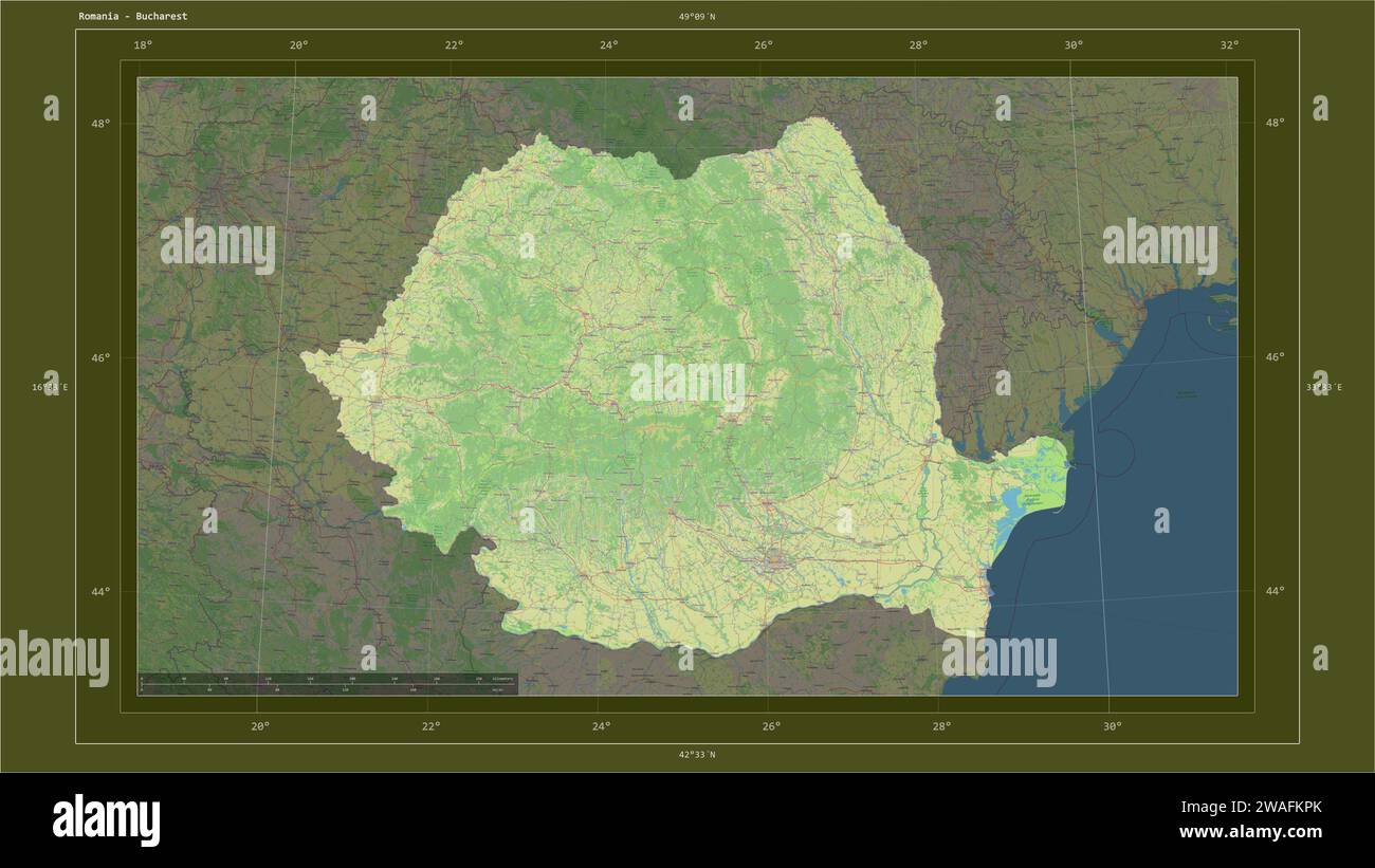 Romania highlighted on a topographic, OSM standard style map map with the country's capital ...