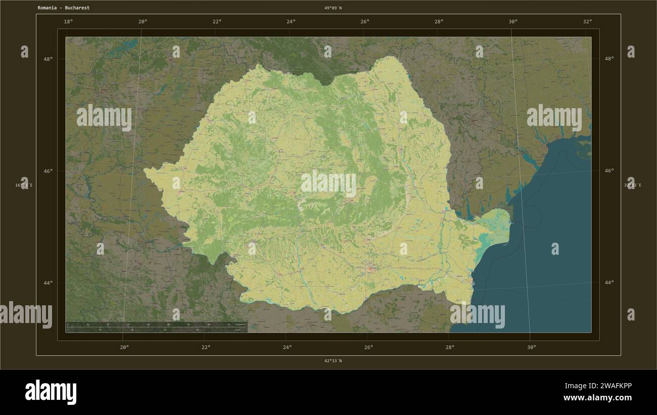 Romania highlighted on a topographic, OSM Humanitarian style map map ...