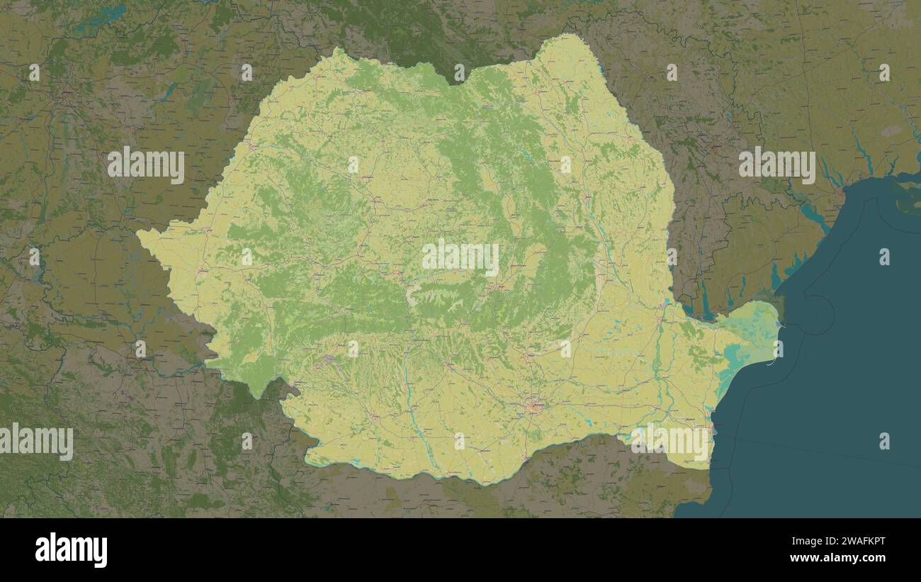 Romania highlighted on a topographic, OSM Humanitarian style map Stock ...