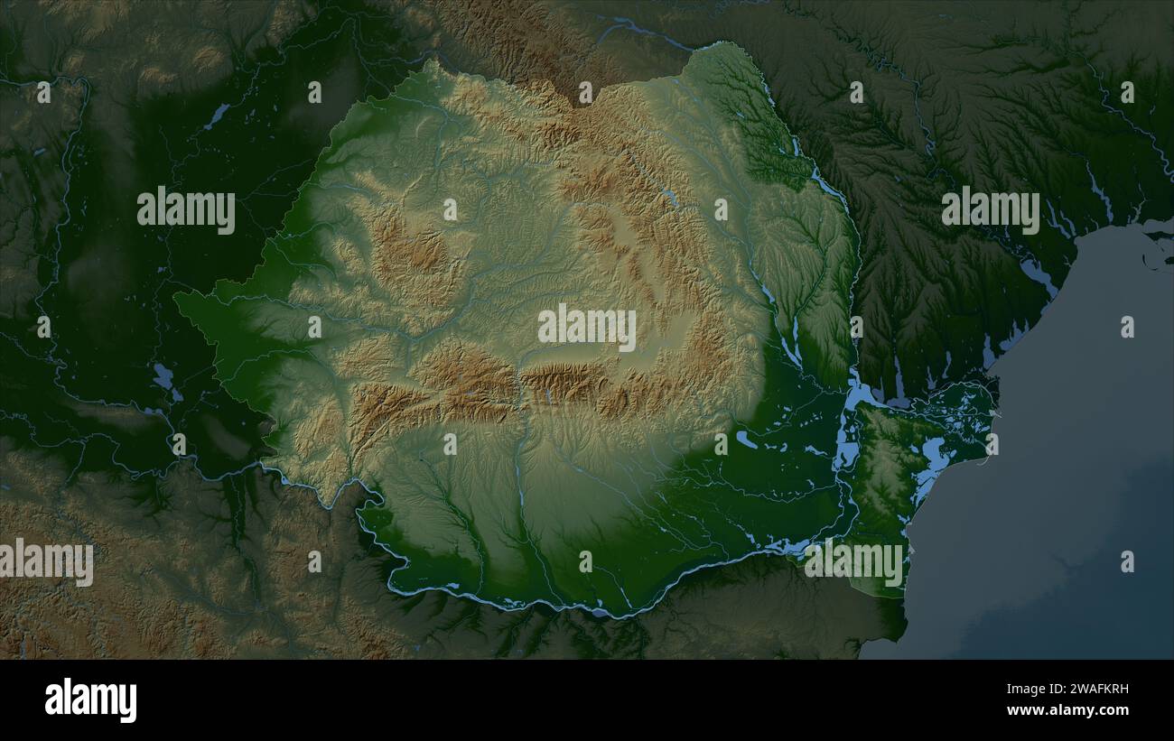 Romania highlighted on a Colored elevation map with lakes and rivers ...