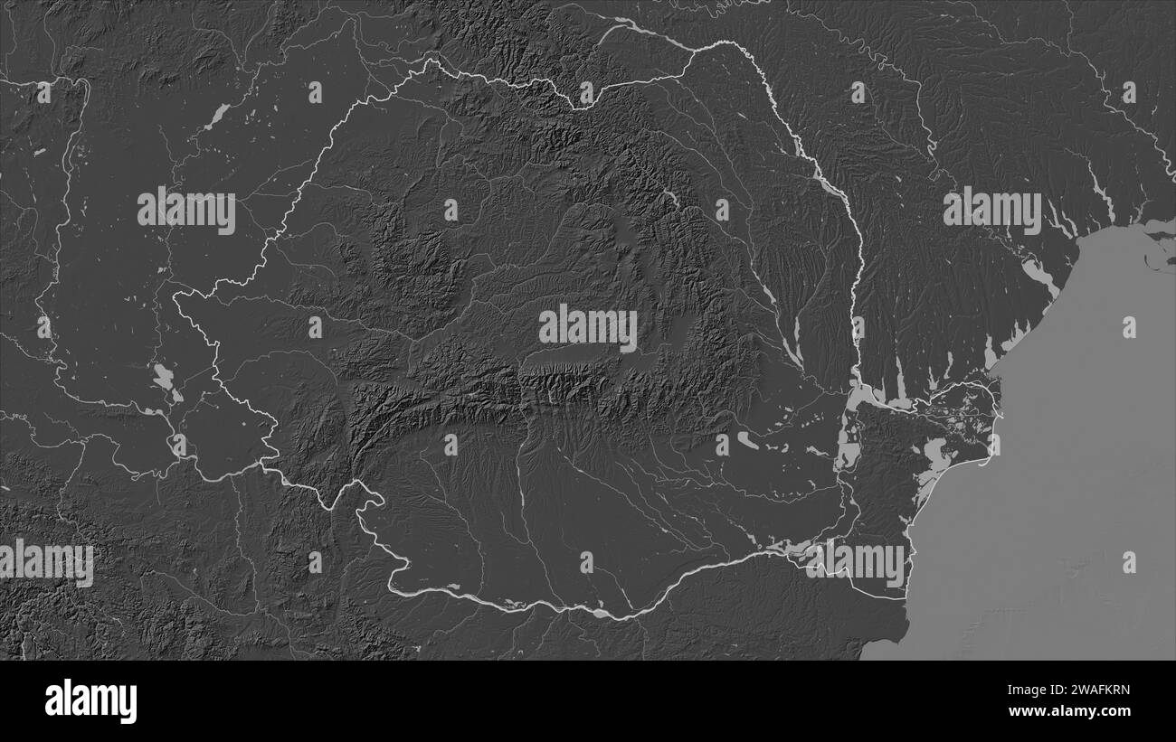 Romania outlined on a Bilevel elevation map with lakes and rivers Stock ...