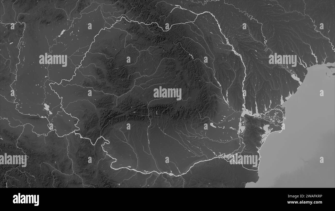 Romania outlined on a Grayscale elevation map with lakes and rivers ...