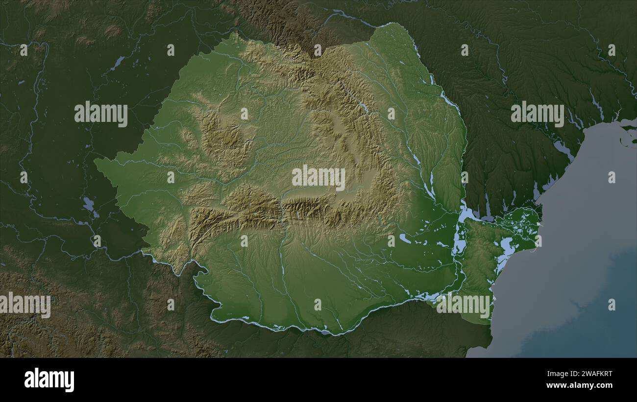 Romania highlighted on a Pale colored elevation map with lakes and ...