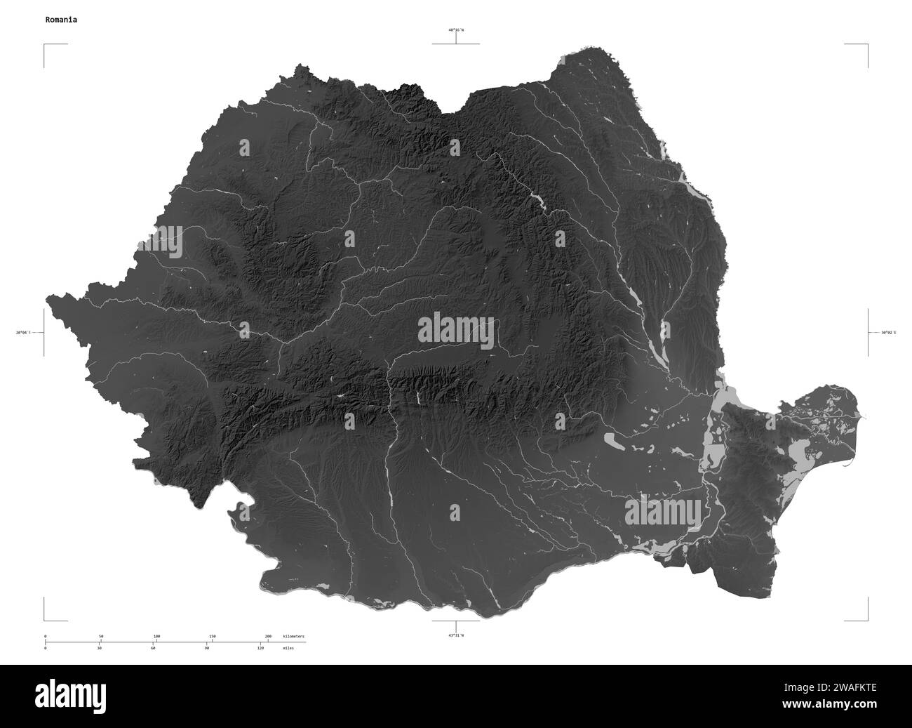 Shape of a Grayscale elevation map with lakes and rivers of the Romania ...