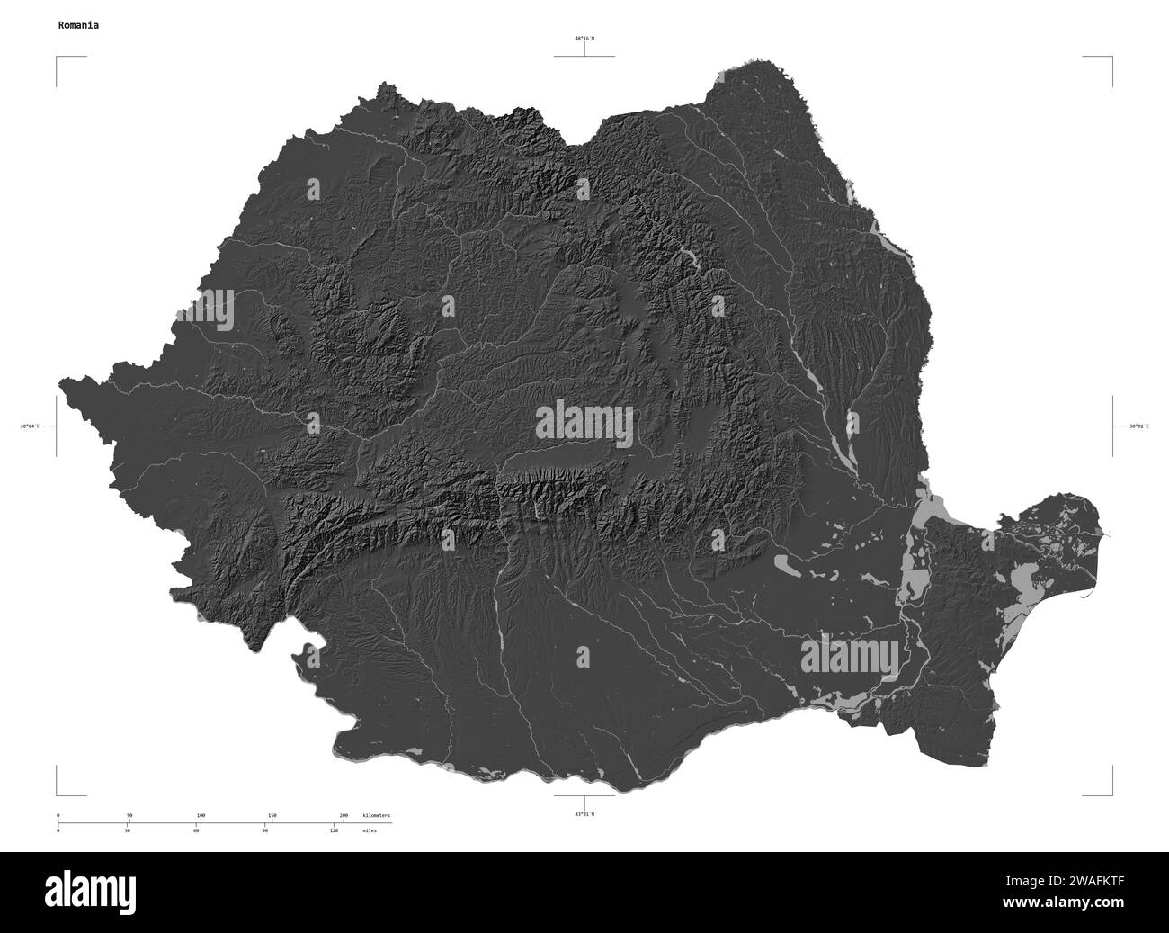 Shape of a Bilevel elevation map with lakes and rivers of the Romania ...