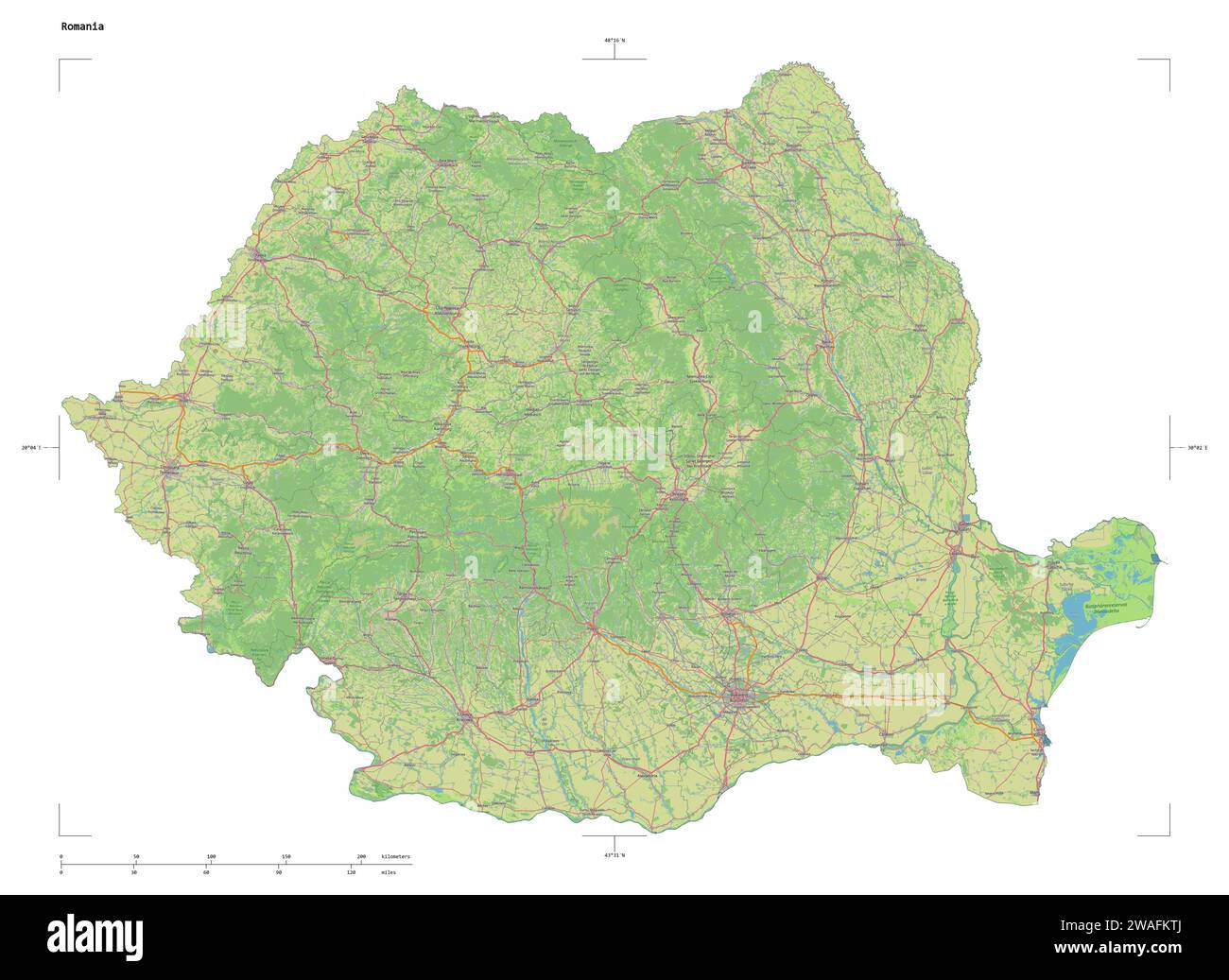 Shape of a topographic, OSM Germany style map of the Romania, with distance scale and map border ...