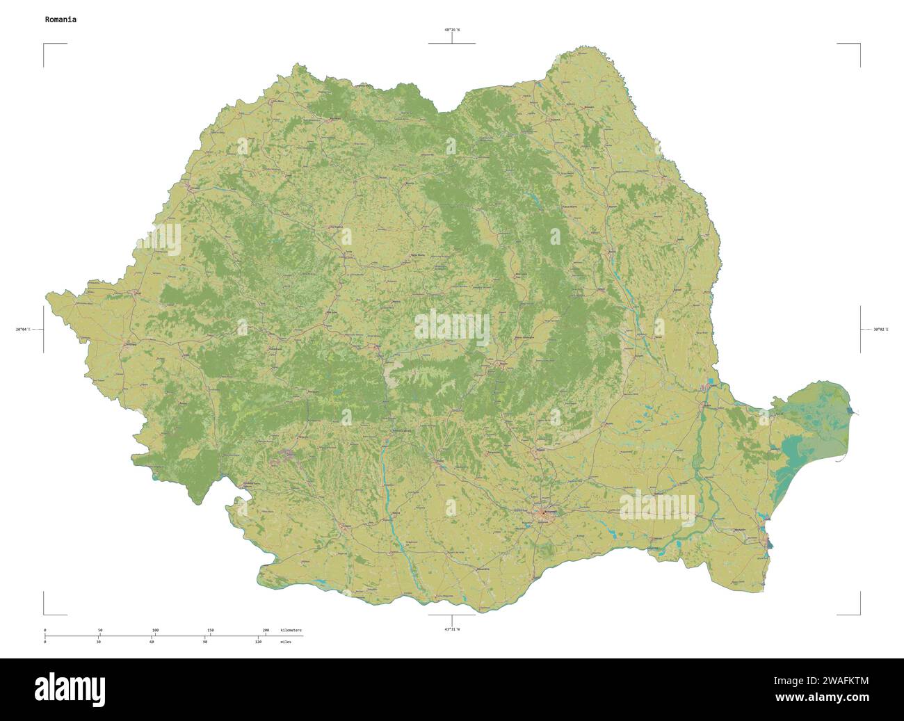 Shape of a topographic, OSM Humanitarian style map of the Romania, with ...