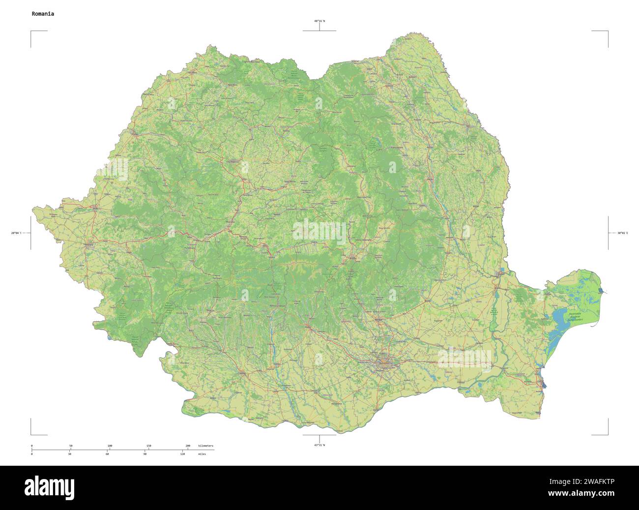 Shape of a topographic, OSM standard style map of the Romania, with distance scale and map ...